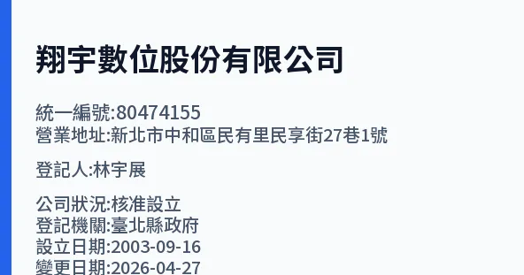 翔宇數位股份有限公司的照片-統編 80474155(新北市) 公司登記資料與營業項目詳細圖表