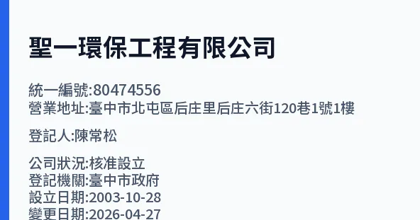聖一環保工程有限公司的照片-統編 80474556(臺中市) 公司登記資料與營業項目詳細圖表
