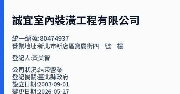 誠宜室內裝潢工程有限公司的照片-統編 80474937(新北市) 公司登記資料與營業項目詳細圖表