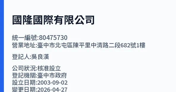 國隆國際有限公司的照片-統編 80475730(臺中市) 公司登記資料與營業項目詳細圖表