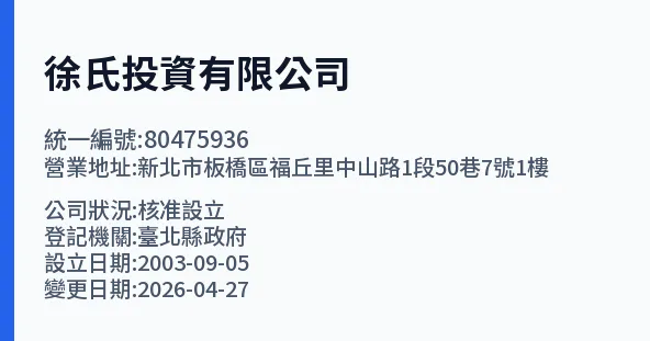徐氏投資有限公司的照片-統編 80475936(新北市) 公司登記資料與營業項目詳細圖表