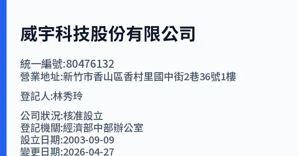 威宇科技股份有限公司的照片-統編 80476132(新竹市) 公司登記資料與營業項目詳細圖表