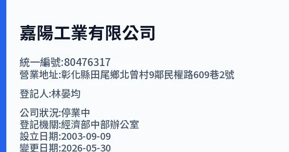 嘉陽工業有限公司的照片-統編 80476317(彰化縣) 公司登記資料與營業項目詳細圖表