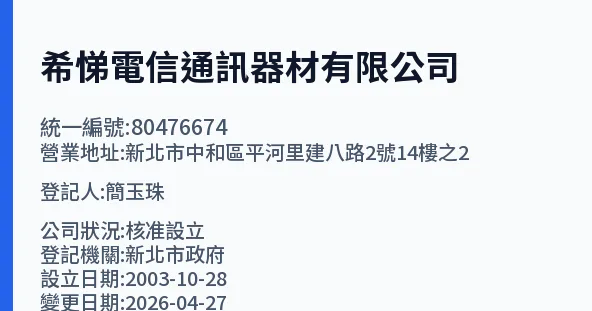 希悌電信通訊器材有限公司的照片-統編 80476674(新北市) 公司登記資料與營業項目詳細圖表