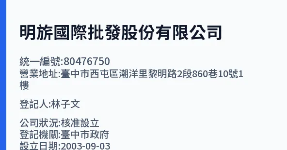明旂國際批發股份有限公司的照片-統編 80476750(臺中市) 公司登記資料與營業項目詳細圖表