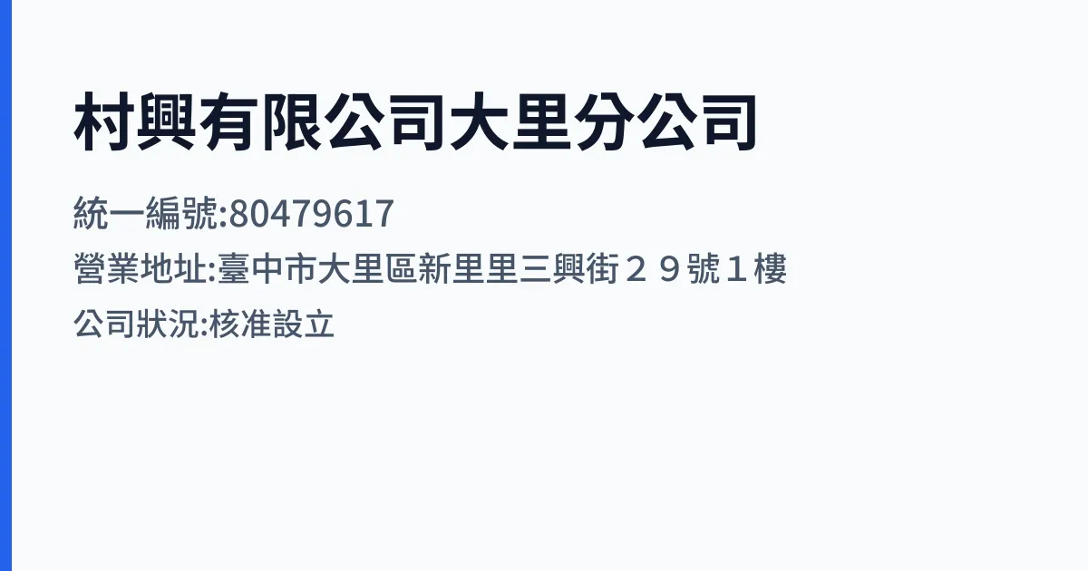 村興有限公司大里分公司 - 統編 80479617(臺中市) 公司登記資料與營業項目詳細圖表