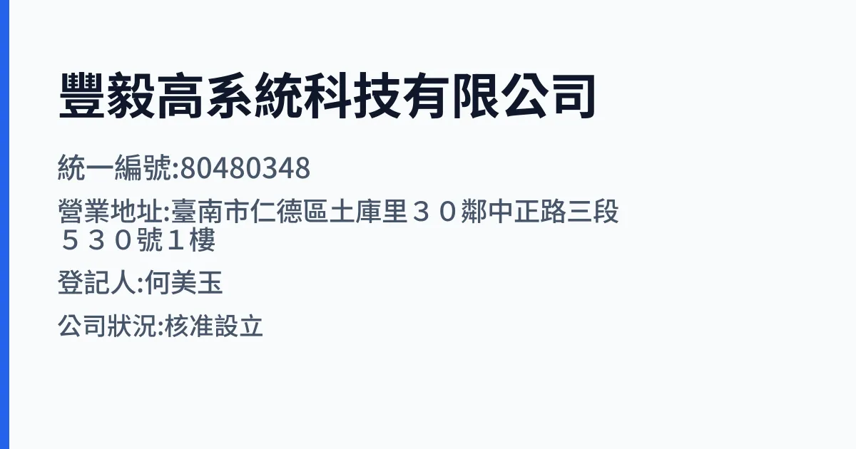 豐毅高系統科技有限公司 - 統編 80480348(臺南市) 公司登記資料與營業項目詳細圖表