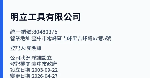 明立工具有限公司的照片-統編 80480375(臺中市) 公司登記資料與營業項目詳細圖表