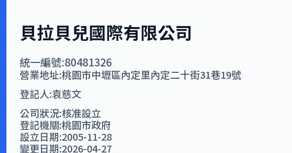 貝拉貝兒國際有限公司的照片-統編 80481326(桃園市) 公司登記資料與營業項目詳細圖表