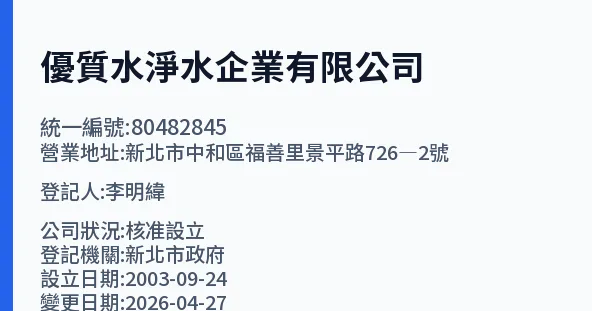 優質水淨水企業有限公司的照片-統編 80482845(新北市) 公司登記資料與營業項目詳細圖表