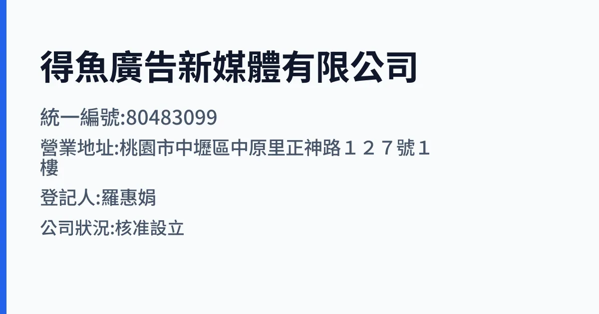 得魚廣告新媒體有限公司 - 統編 80483099(桃園市) 公司登記資料與營業項目詳細圖表