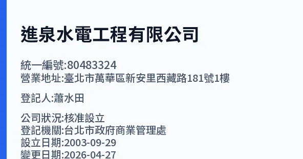 進泉水電工程有限公司的照片-統編 80483324(臺北市) 公司登記資料與營業項目詳細圖表