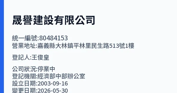 晟譽建設有限公司的照片-統編 80484153(嘉義縣) 公司登記資料與營業項目詳細圖表