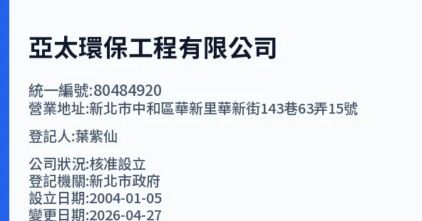 亞太環保工程有限公司的照片-統編 80484920(新北市) 公司登記資料與營業項目詳細圖表