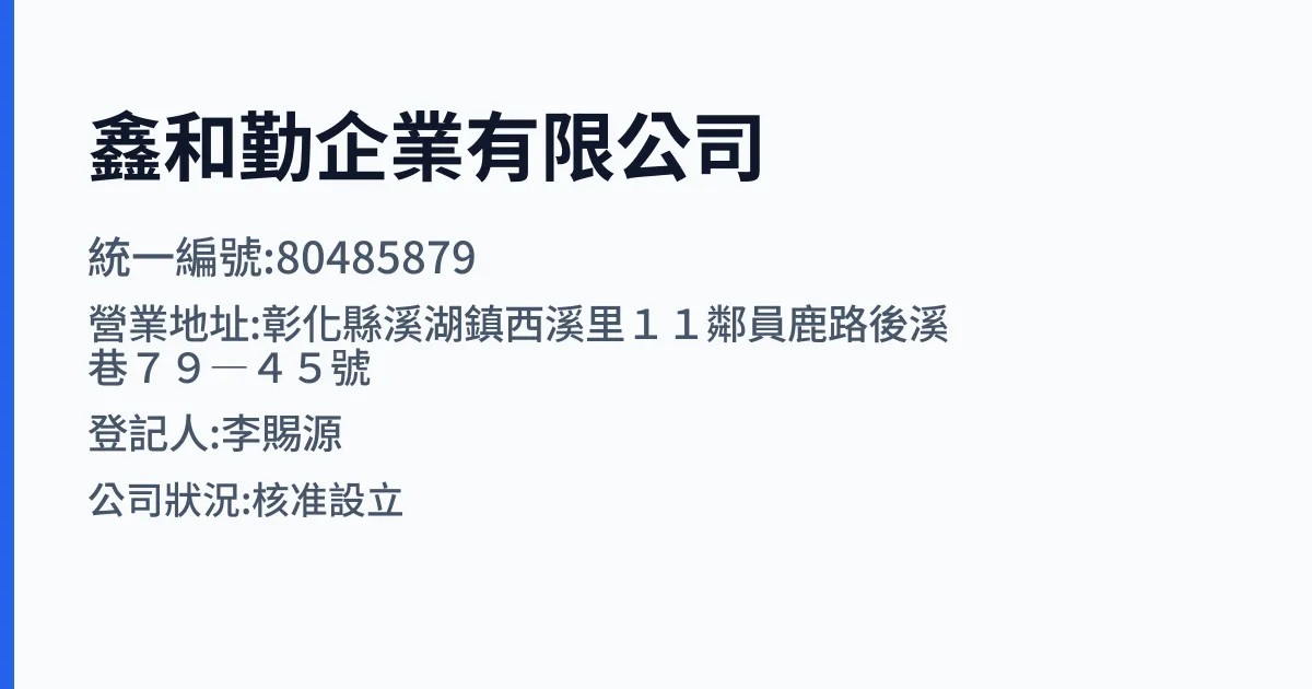 鑫和勤企業有限公司 - 統編 80485879(彰化縣) 公司登記資料與營業項目詳細圖表