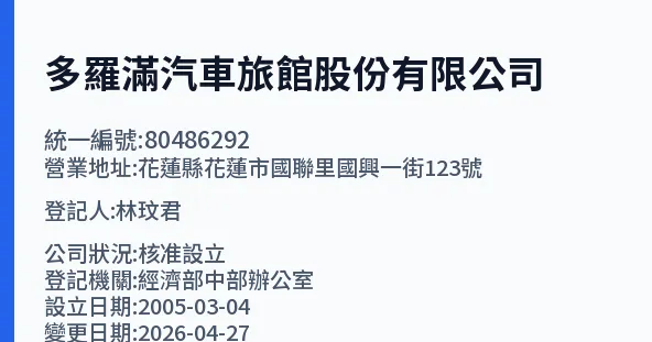 多羅滿汽車旅館股份有限公司的照片-統編 80486292(花蓮縣) 公司登記資料與營業項目詳細圖表