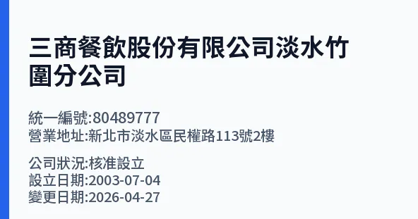 三商餐飲股份有限公司淡水竹圍分公司的照片-統編 80489777(新北市) 公司登記資料與營業項目詳細圖表