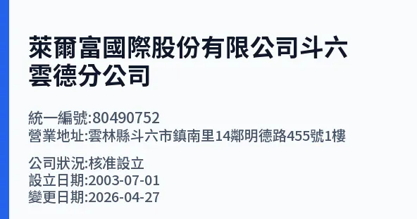 萊爾富國際股份有限公司斗六雲德分公司的照片-統編 80490752(雲林縣) 公司登記資料與營業項目詳細圖表