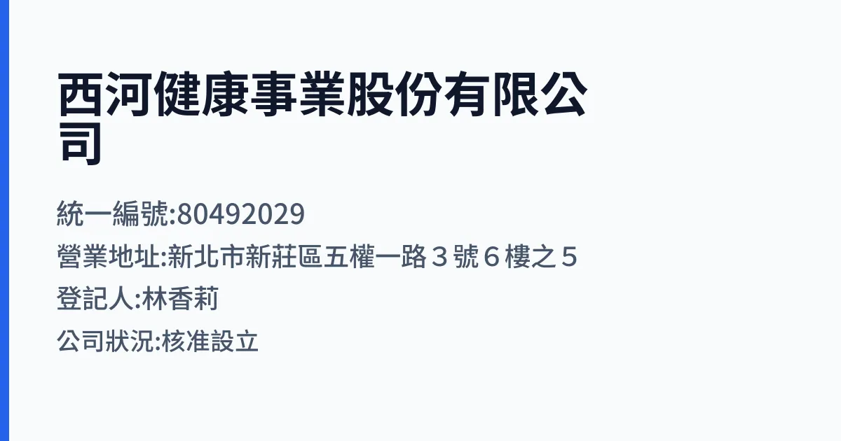 西河健康事業股份有限公司 - 統編 80492029(新北市) 公司登記資料與營業項目詳細圖表