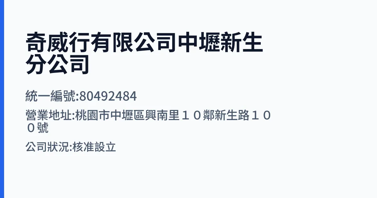 奇威行有限公司中壢新生分公司 - 統編 80492484(桃園市) 公司登記資料與營業項目詳細圖表