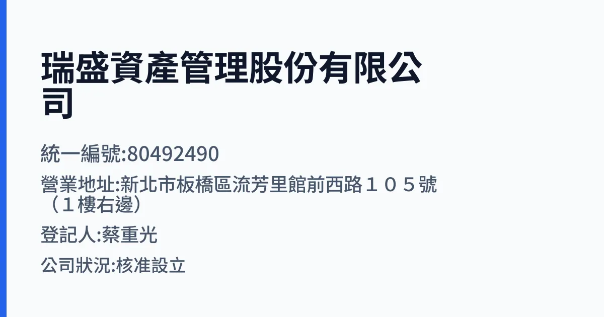瑞盛資產管理股份有限公司 - 統編 80492490(新北市) 公司登記資料與營業項目詳細圖表