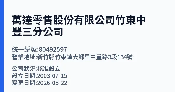 萬達零售股份有限公司竹東中豐三分公司的照片-統編 80492597(新竹縣) 公司登記資料與營業項目詳細圖表