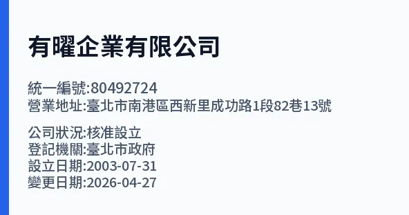 有曜企業有限公司的照片-統編 80492724(臺北市) 公司登記資料與營業項目詳細圖表
