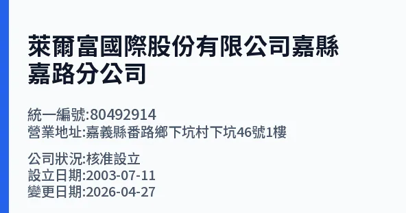萊爾富國際股份有限公司嘉縣嘉路分公司的照片-統編 80492914(嘉義縣) 公司登記資料與營業項目詳細圖表