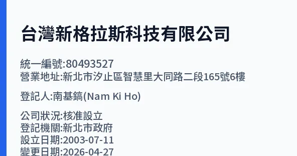 台灣新格拉斯科技有限公司的照片-統編 80493527(新北市) 公司登記資料與營業項目詳細圖表