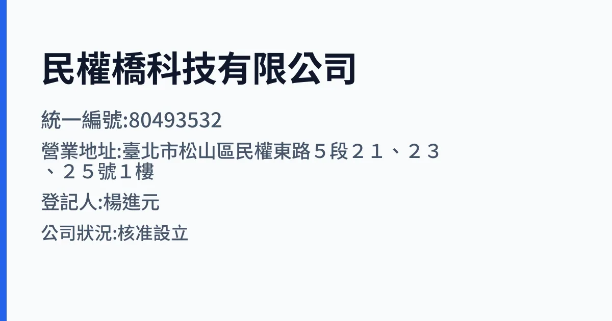 民權橋科技有限公司 - 統編 80493532(臺北市) 公司登記資料與營業項目詳細圖表