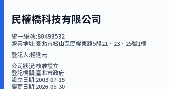 民權橋科技有限公司的照片-統編 80493532(臺北市) 公司登記資料與營業項目詳細圖表