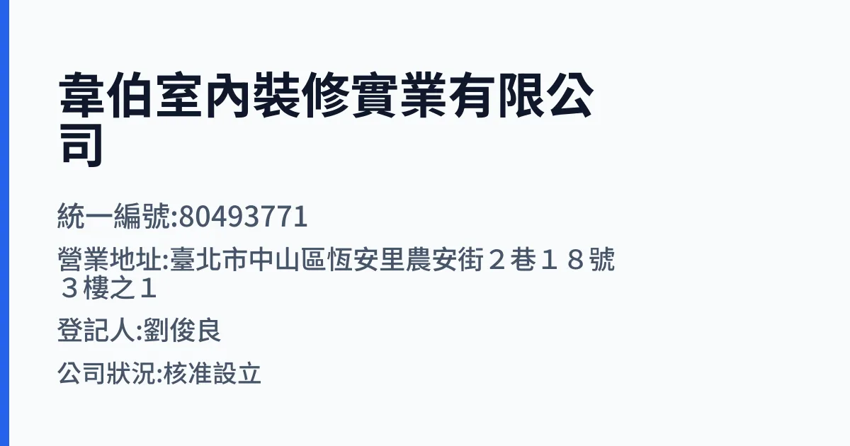 韋伯室內裝修實業有限公司 - 統編 80493771(臺北市) 公司登記資料與營業項目詳細圖表