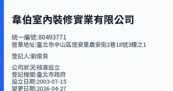 韋伯室內裝修實業有限公司的照片-統編 80493771(臺北市) 公司登記資料與營業項目詳細圖表