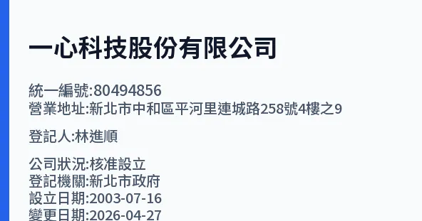 一心科技股份有限公司的照片-統編 80494856(新北市) 公司登記資料與營業項目詳細圖表