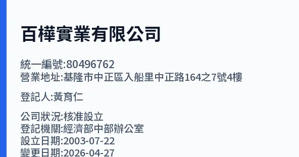 百樺實業有限公司的照片-統編 80496762(基隆市) 公司登記資料與營業項目詳細圖表