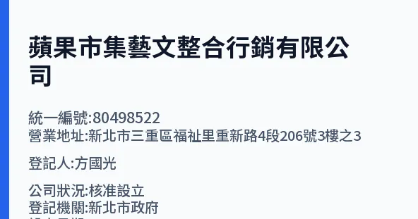 蘋果市集藝文整合行銷有限公司的照片-統編 80498522(新北市) 公司登記資料與營業項目詳細圖表
