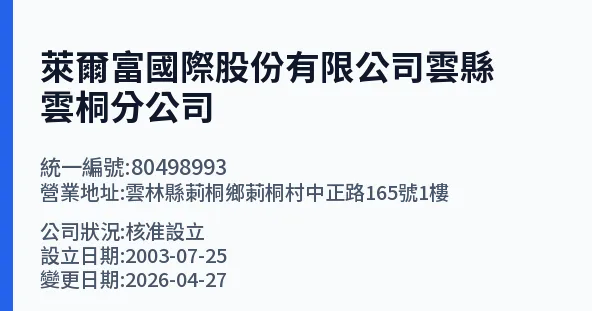 萊爾富國際股份有限公司雲縣雲桐分公司的照片-統編 80498993(雲林縣) 公司登記資料與營業項目詳細圖表