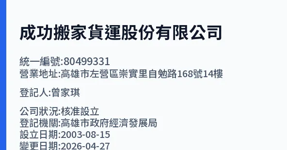 成功搬家貨運股份有限公司的照片-統編 80499331(高雄市) 公司登記資料與營業項目詳細圖表