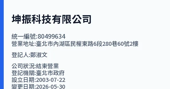 坤振科技有限公司的照片-統編 80499634(臺北市) 公司登記資料與營業項目詳細圖表