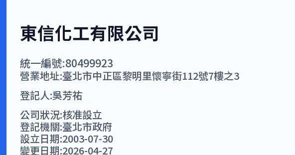 東信化工有限公司的照片-統編 80499923(臺北市) 公司登記資料與營業項目詳細圖表