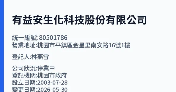 有益安生化科技股份有限公司的照片-統編 80501786(桃園市) 公司登記資料與營業項目詳細圖表