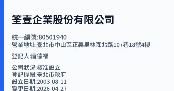 筌壹企業股份有限公司的照片-統編 80501940(臺北市) 公司登記資料與營業項目詳細圖表