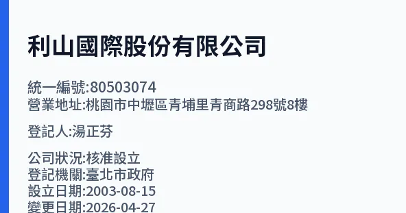 利山國際股份有限公司的照片-統編 80503074(桃園市) 公司登記資料與營業項目詳細圖表