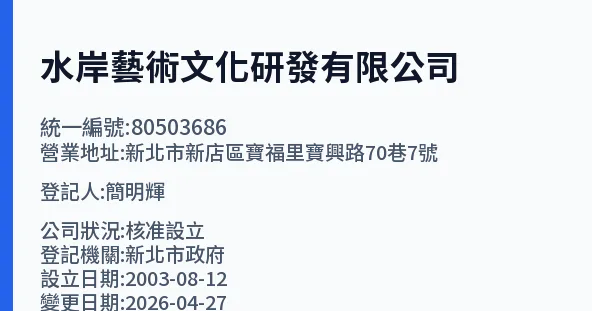 水岸藝術文化研發有限公司的照片-統編 80503686(新北市) 公司登記資料與營業項目詳細圖表