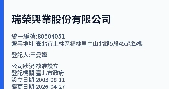瑞榮興業股份有限公司的照片-統編 80504051(臺北市) 公司登記資料與營業項目詳細圖表