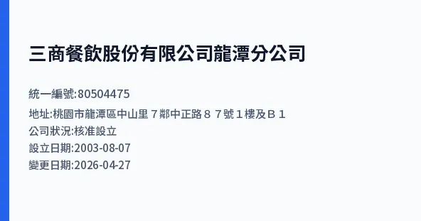 三商餐飲股份有限公司龍潭分公司的照片-統編 80504475(桃園市) 公司登記資料與營業項目詳細圖表