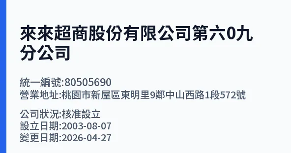 來來超商股份有限公司第六0九分公司的照片-統編 80505690(桃園市) 公司登記資料與營業項目詳細圖表