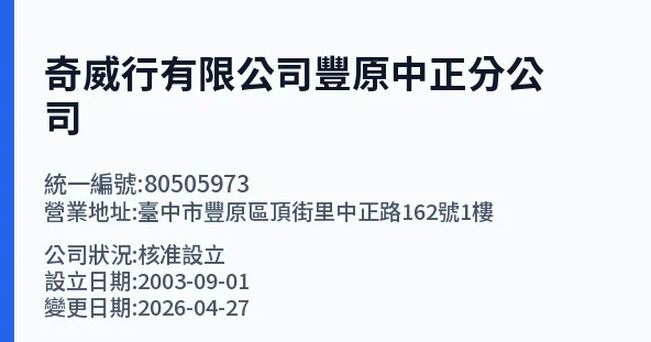 奇威行有限公司豐原中正分公司的照片-統編 80505973(臺中市) 公司登記資料與營業項目詳細圖表