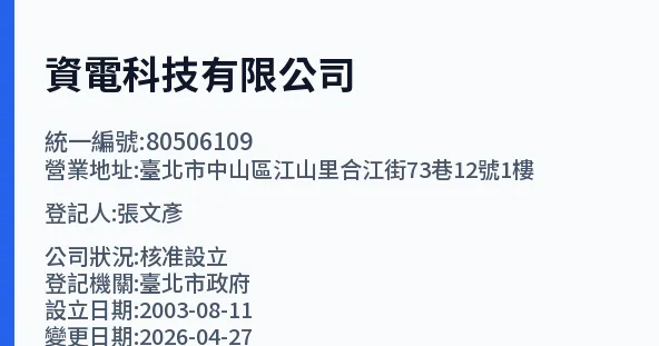 資電科技有限公司的照片-統編 80506109(臺北市) 公司登記資料與營業項目詳細圖表
