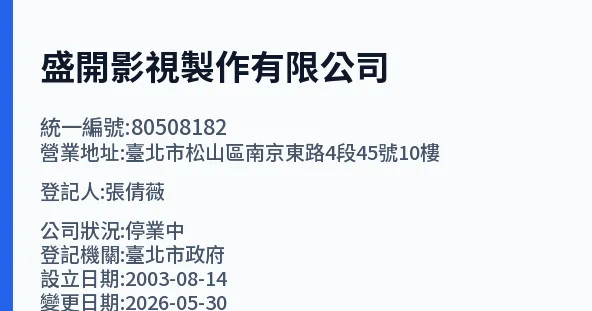 盛開影視製作有限公司的照片-統編 80508182(臺北市) 公司登記資料與營業項目詳細圖表